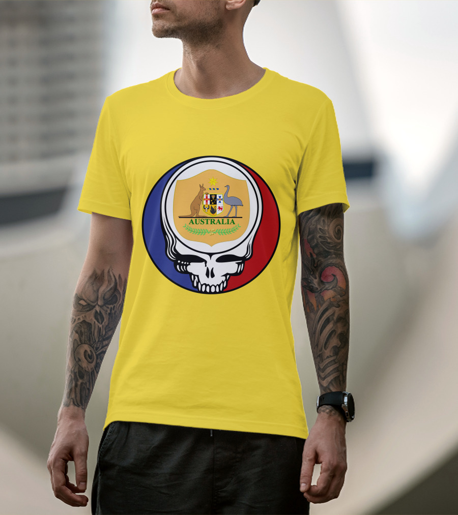 Australia National Football Team Grateful Dead Skull Emblem With Kangaroo And Emu Crest T-Shirt
