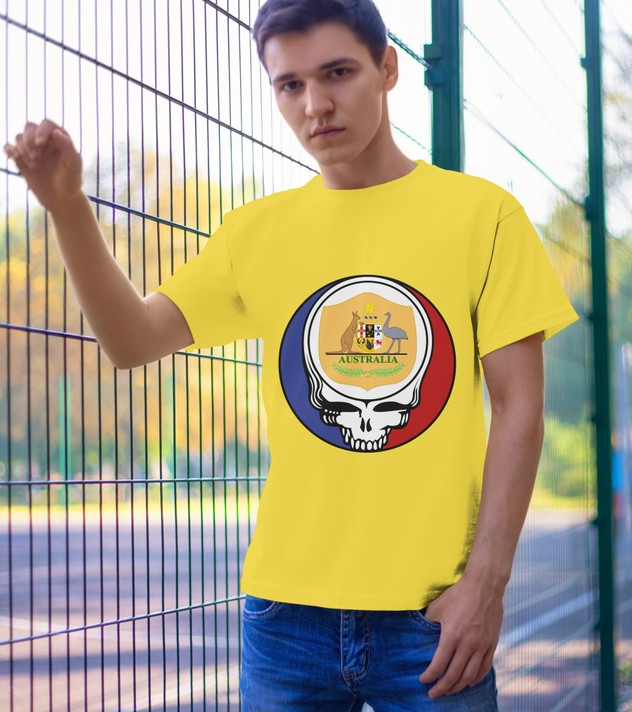 Australia National Football Team Grateful Dead Skull Emblem With Kangaroo And Emu Crest T-Shirt