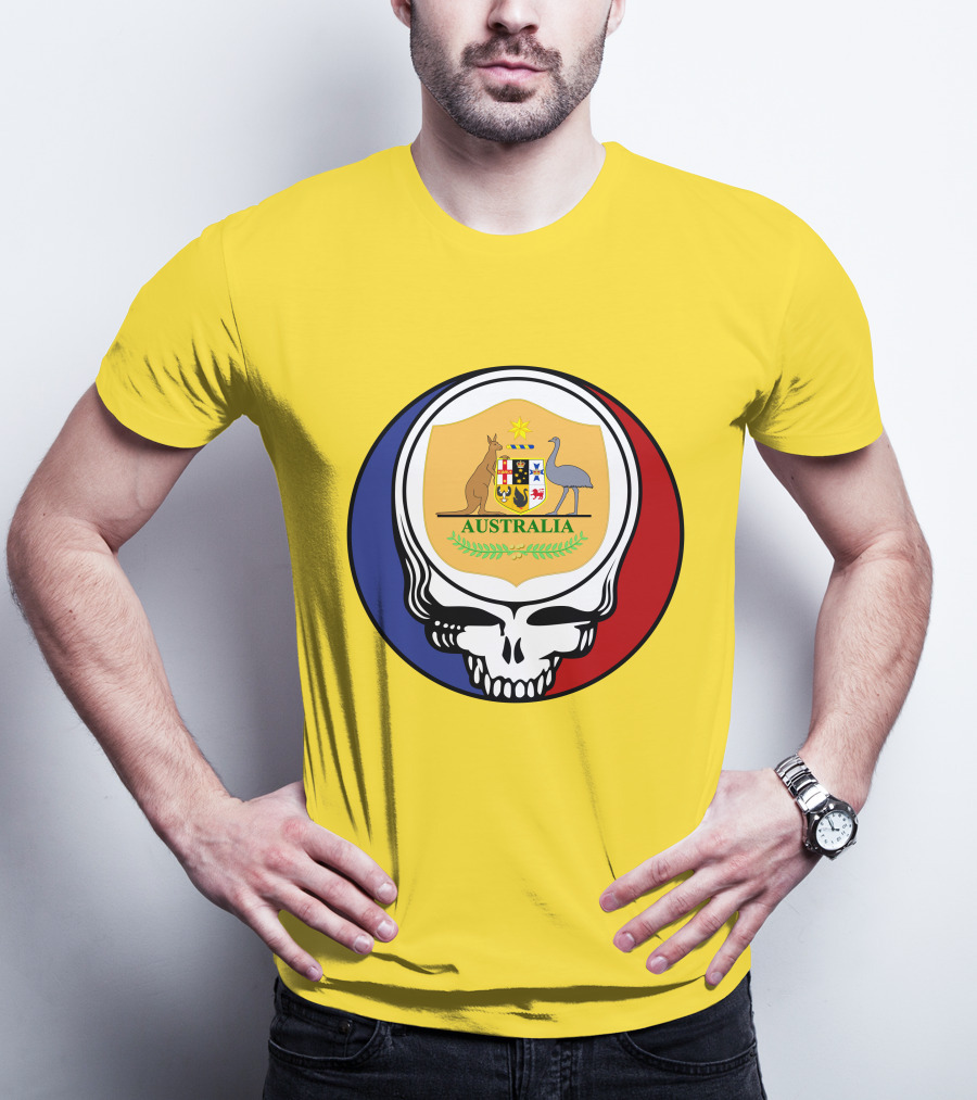 Australia National Football Team Grateful Dead Skull Emblem With Kangaroo And Emu Crest T-Shirt