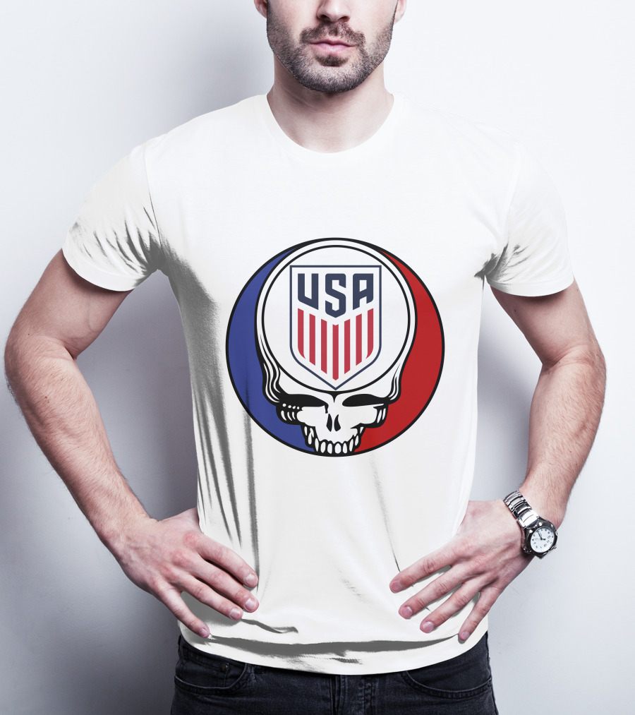 USA Soccer Grateful Dead Skull Logo Red Blue Badge T-Shirt