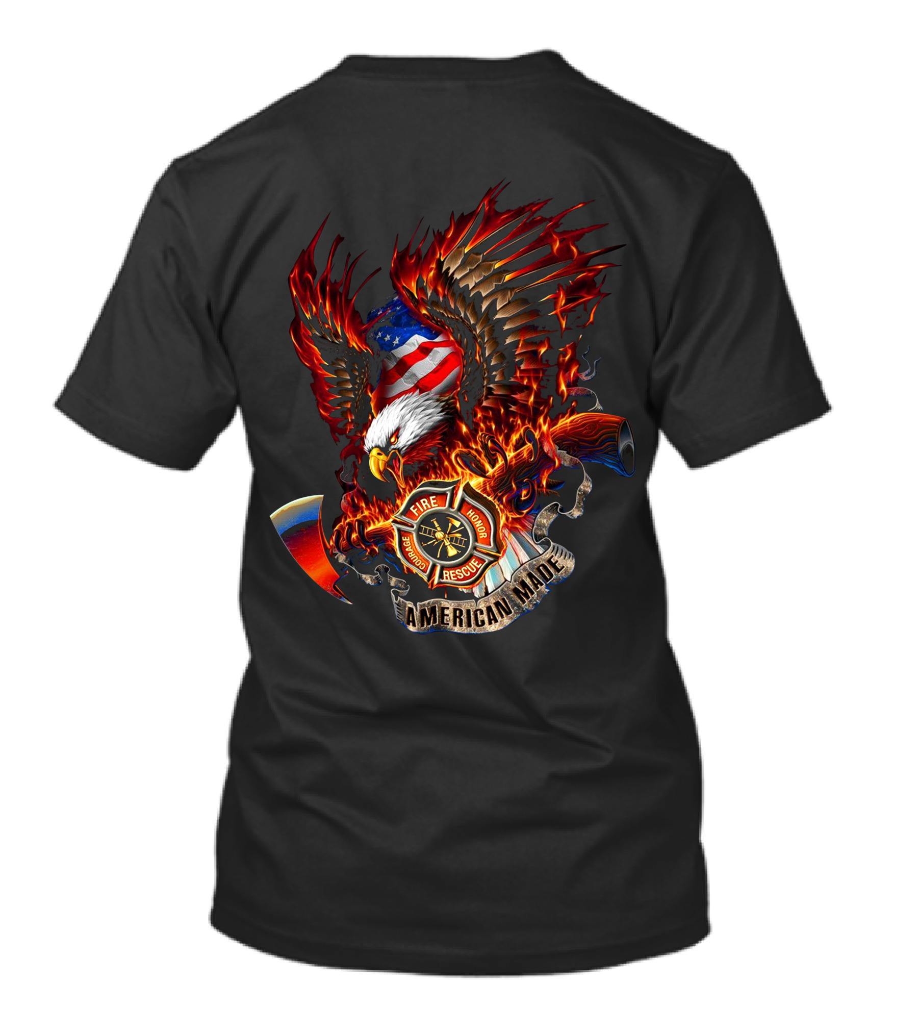 FIREFIGHTER AMERICAN MADE COURAGE HONOR FIRE RESCUE FLAME EMBLEM T-Shirt