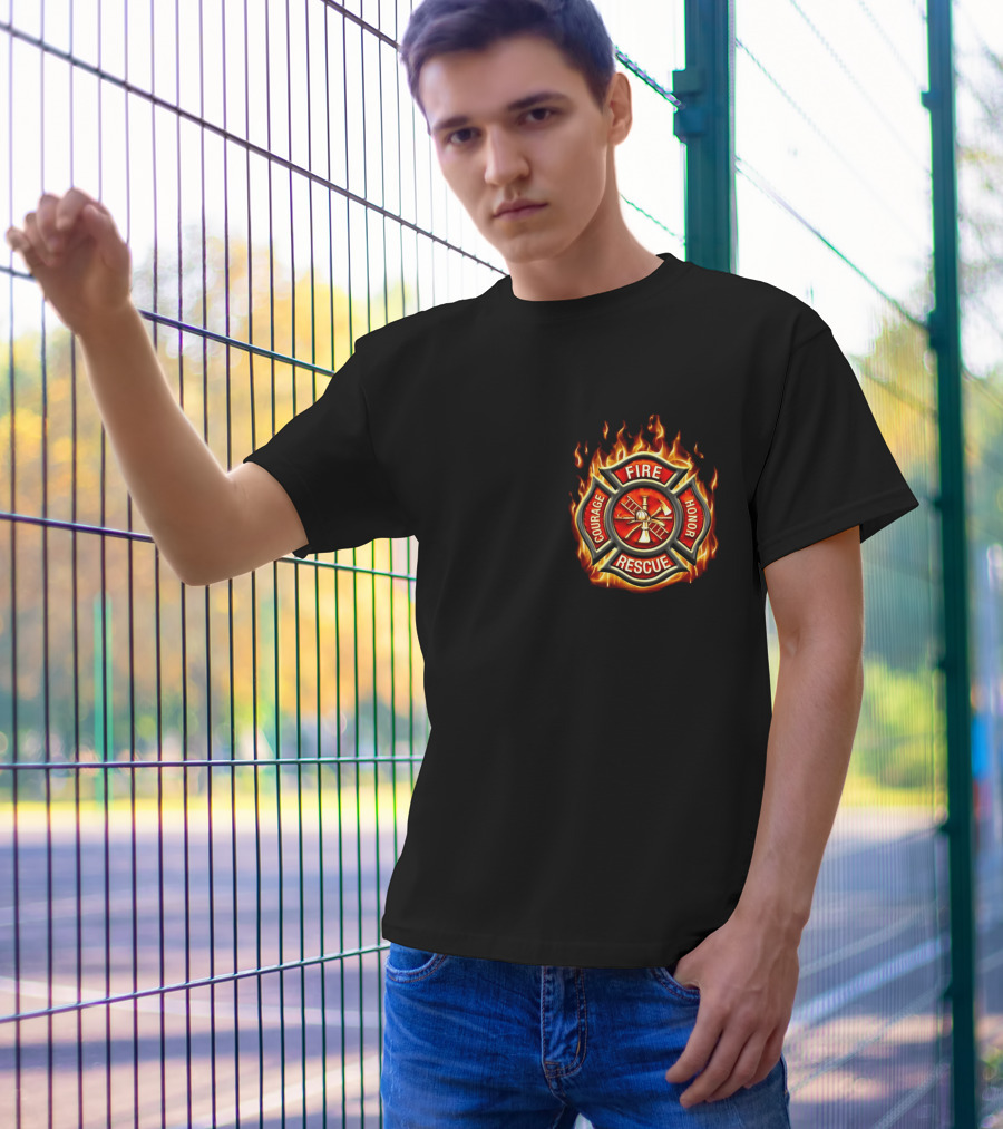 FIREFIGHTER AMERICAN MADE COURAGE HONOR FIRE RESCUE FLAME EMBLEM T-Shirt
