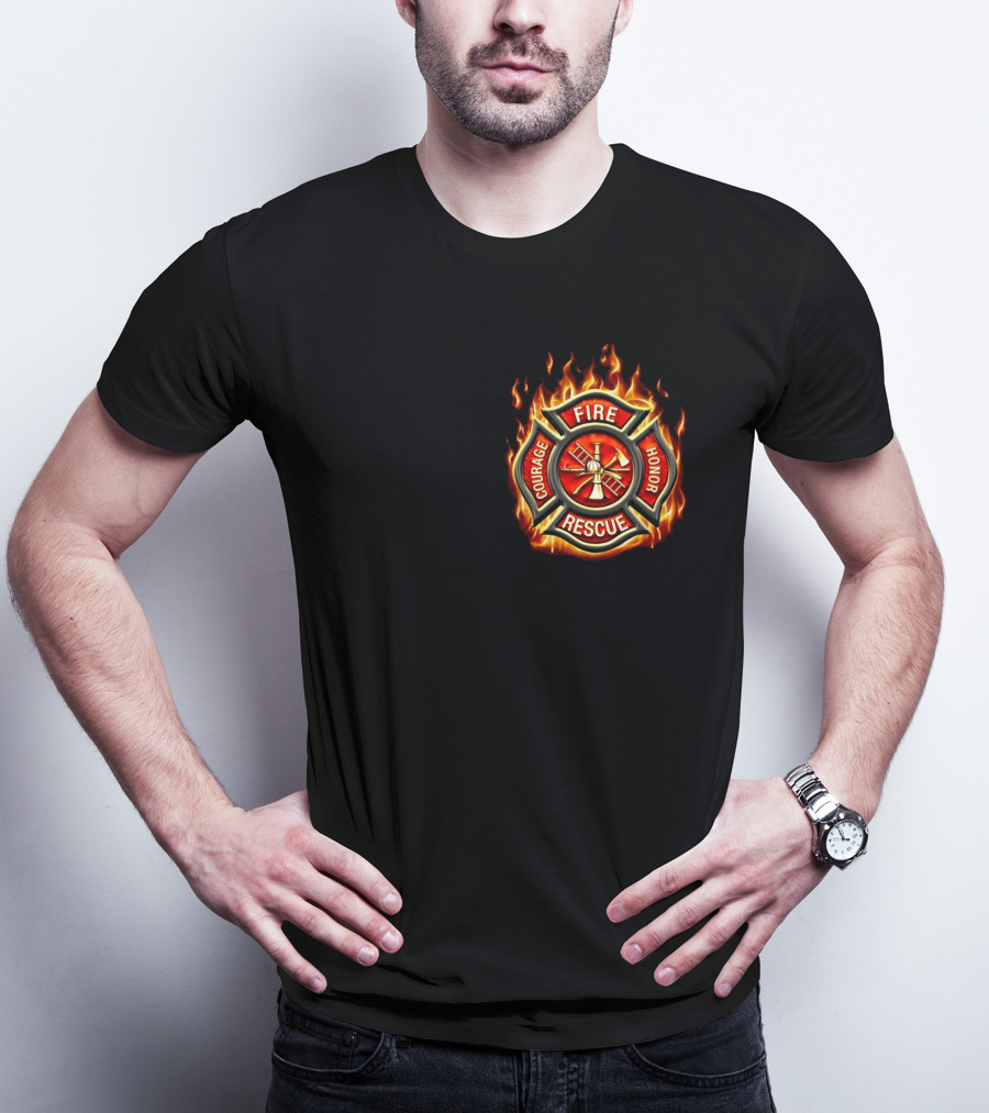 FIREFIGHTER AMERICAN MADE COURAGE HONOR FIRE RESCUE FLAME EMBLEM T-Shirt
