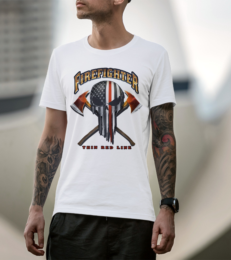 FIREFIGHTER THIN RED LINE PUNISHER SKULL AMERICAN FLAG CROSSED AXES T-Shirt