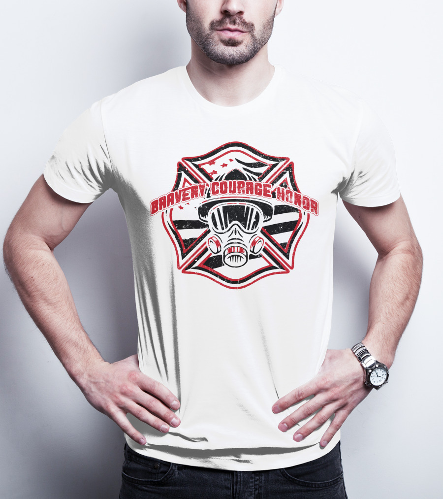 BRAVERY COURAGE HONOR Firefighter Gas Mask Badge T-Shirt