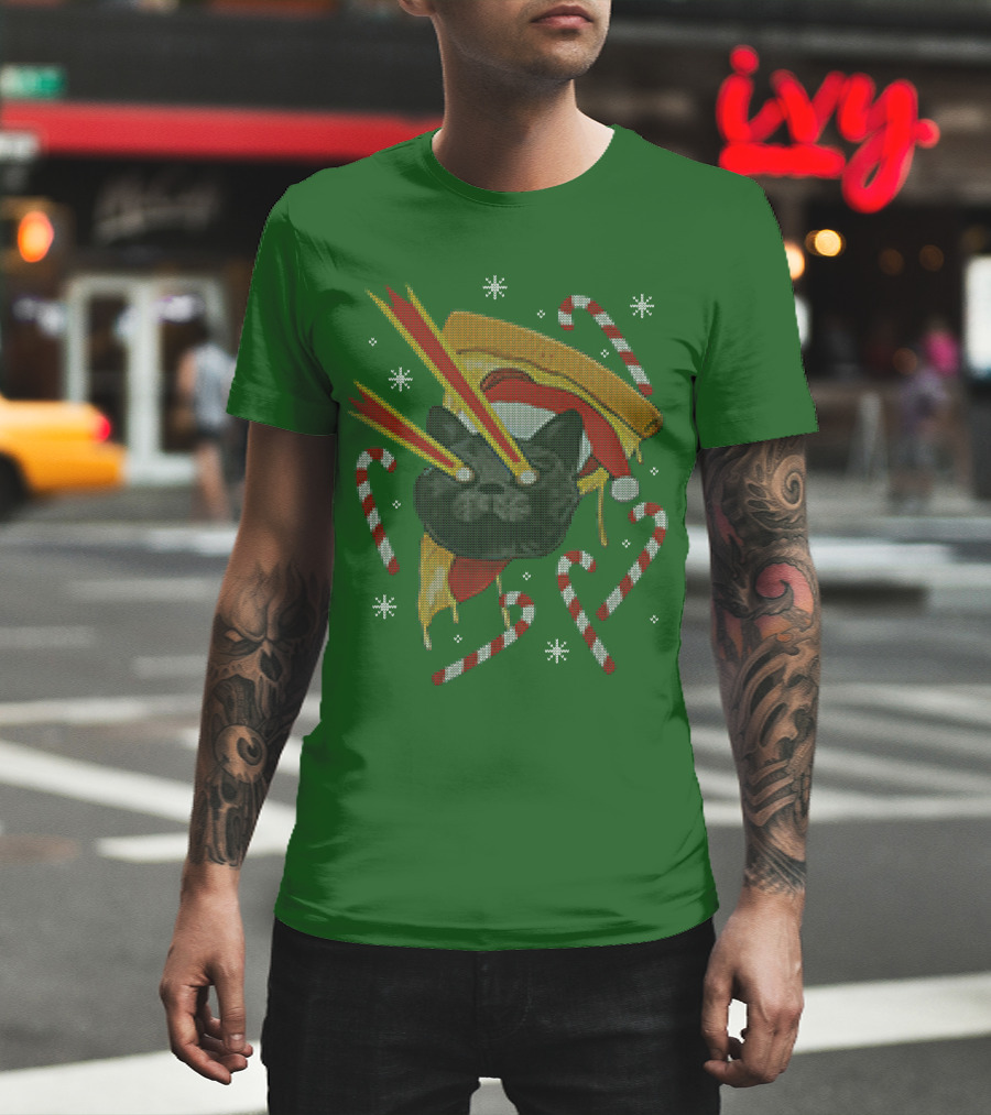 Drax Christmas Jumpers Cat Laser Eyes Christmas Pizza Candy Canes T-Shirt