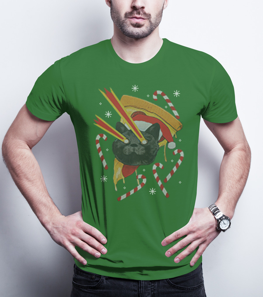 Drax Christmas Jumpers Cat Laser Eyes Christmas Pizza Candy Canes T-Shirt