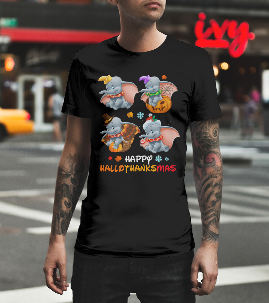 Happy Hallothanksmas With Dumbo In Halloween Thanksgiving Christmas Themes T-Shirt