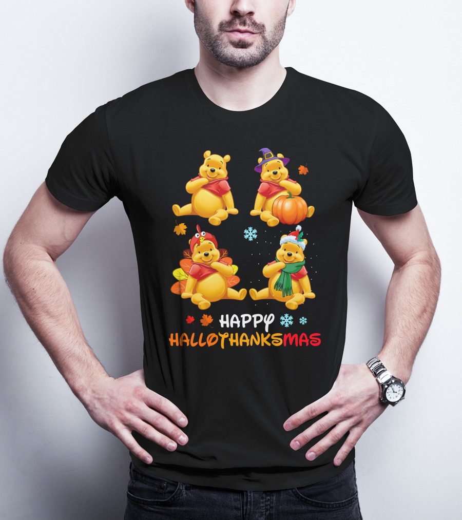 Happy Hallothanksmas Pooh Bear Seasonal Holiday Fun T-Shirt