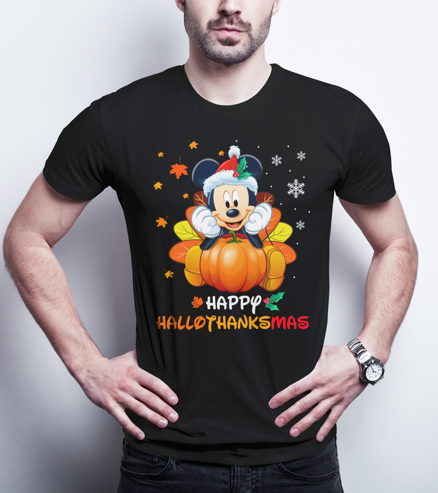 Happy Hallothanksmas Mickey Pumpkin Festive Leaves Snowflakes T-Shirt