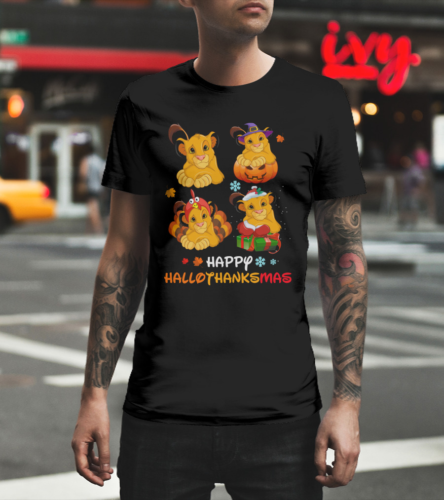 Happy Hallothanksmas Simba Lion Pumpkin Turkey Santa Hat Snowflakes T-Shirt