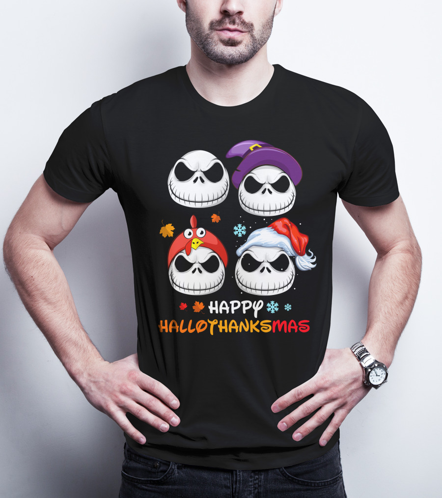 Happy HALLOTHANKSMAS Jack Skellington Faces With Witch Hat Turkey Hat Santa Hat Leaves Snowflakes T-Shirt