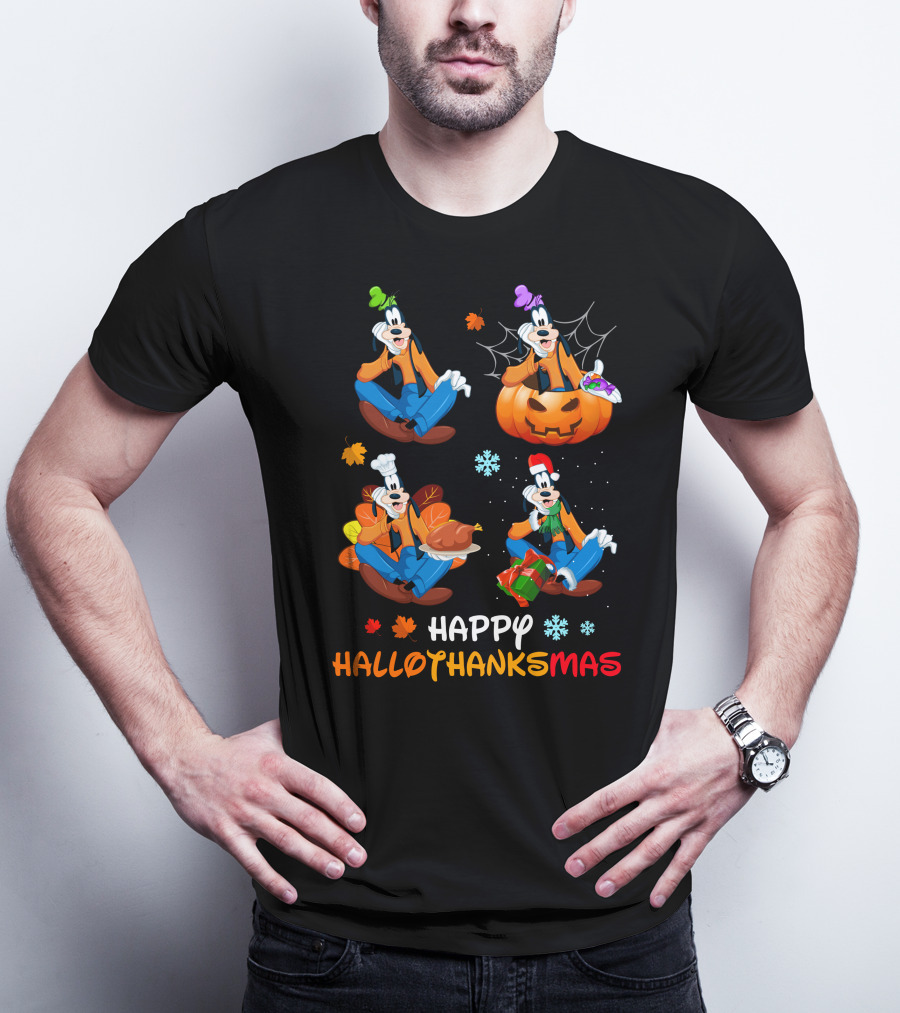 HAPPY HALLOTHANKSMAS Goofy Halloween Thanksgiving Christmas Festive Cartoon Characters T-Shirt