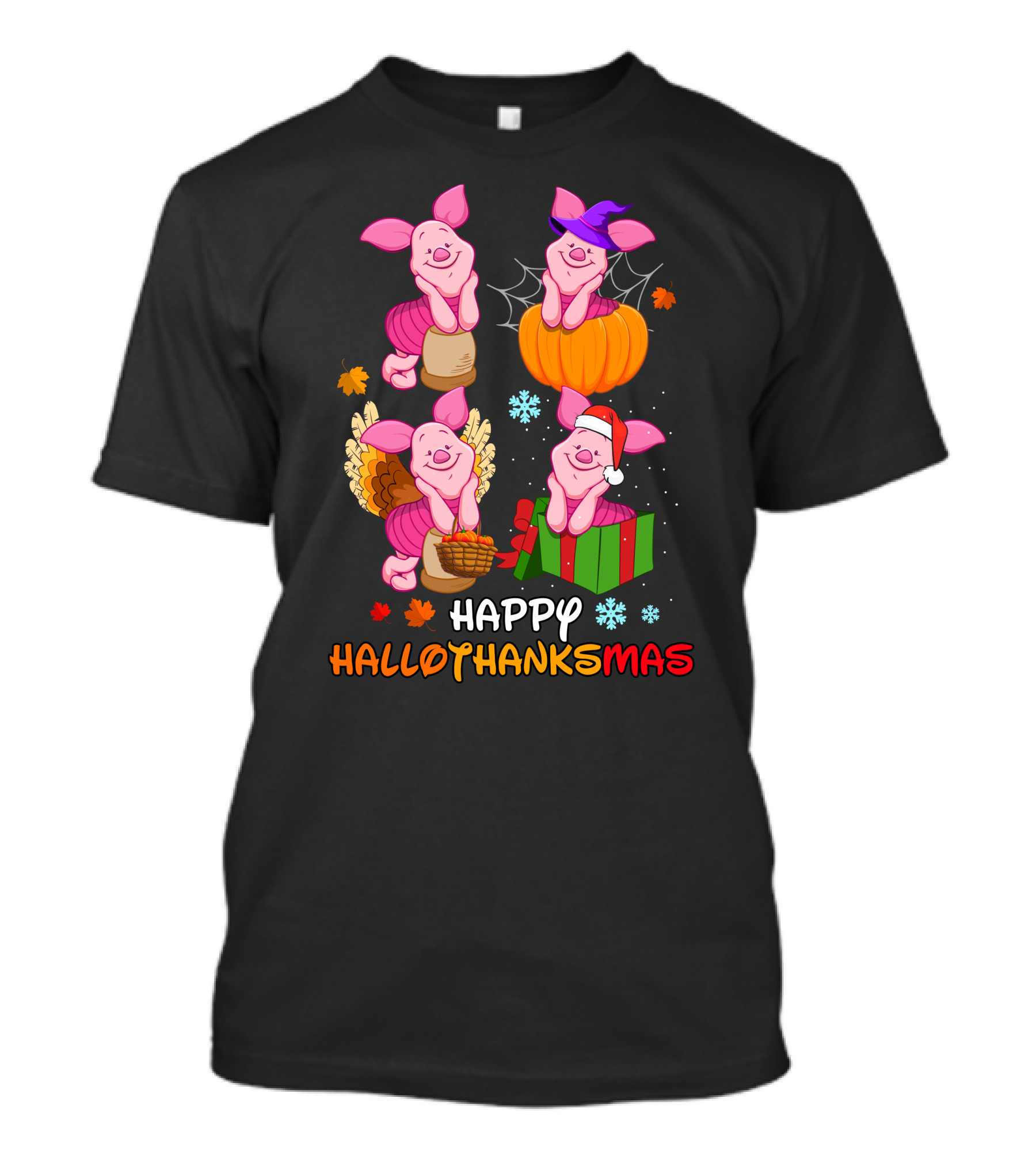 Happy HALLOTHANKSMAS Piglet In Pumpkin Turkey And Gift Box T-Shirt