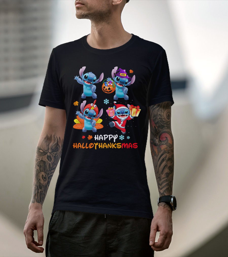 Happy HALLOTHANKSMAS Stitch In Halloween Thanksgiving Christmas Styles T-Shirt
