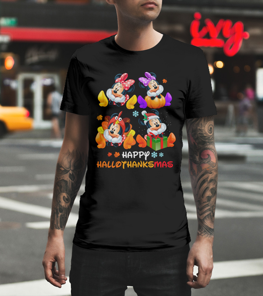 Happy HALLOTHANKSMAS With Minnie In Seasonal Costumes T-Shirt