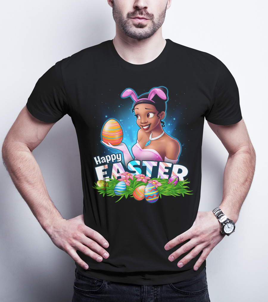 Tiana Holding Easter Egg In Bunny Ears With Happy Easter T-Shirt