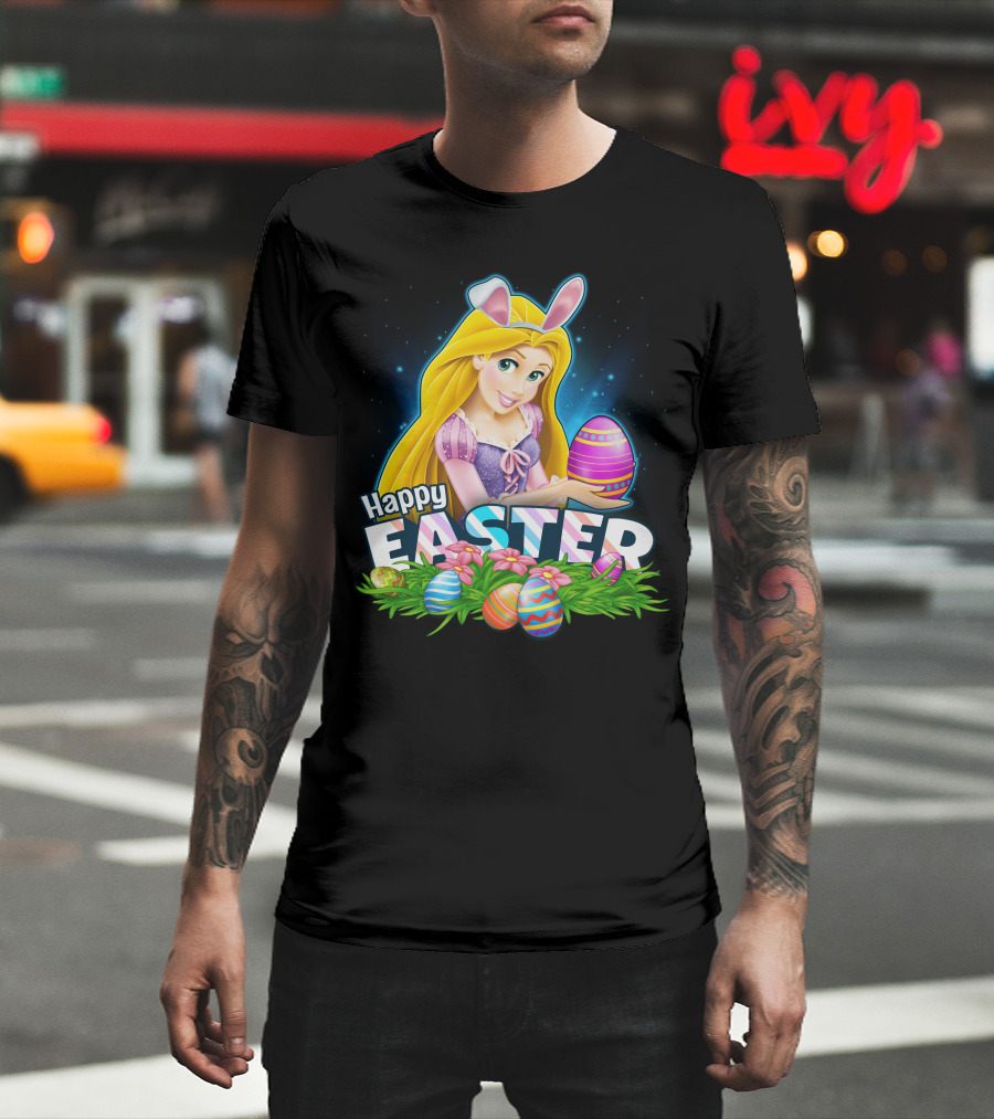 Rapunzel Happy Easter Bunny Ears Holding Colorful Egg Basket T-Shirt