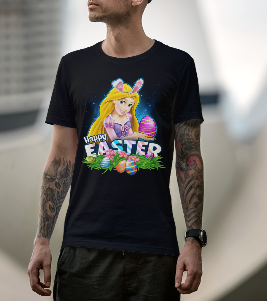 Rapunzel Happy Easter Bunny Ears Holding Colorful Egg Basket T-Shirt