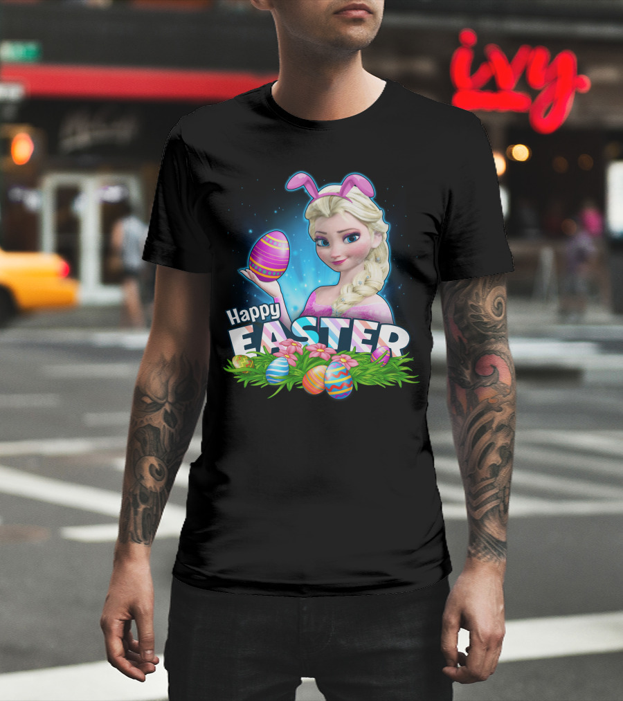 Elsa Happy Easter Bunny Ears And Colorful Eggs T-Shirt