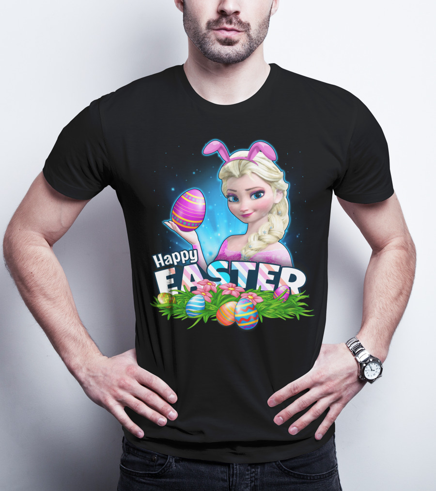 Elsa Happy Easter Bunny Ears And Colorful Eggs T-Shirt