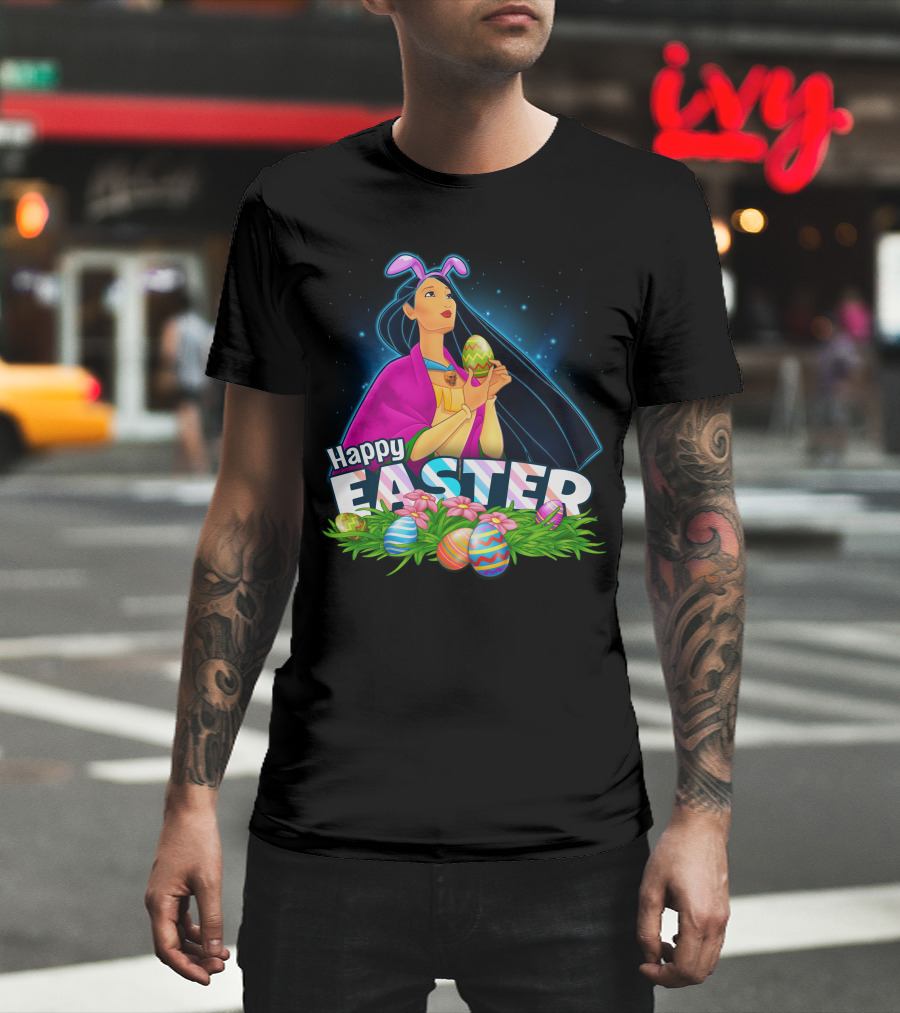 Pocahontas Happy Easter Colorful Eggs And Flowers Scene T-Shirt