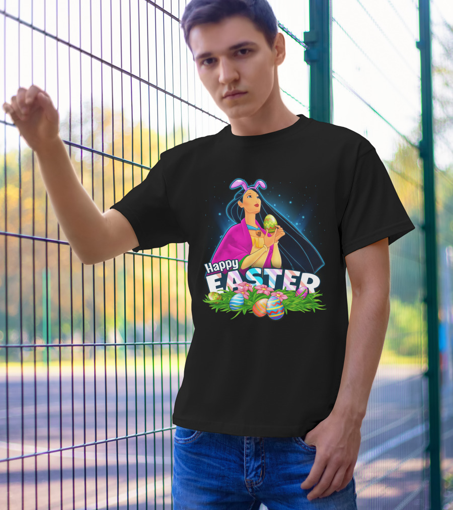 Pocahontas Happy Easter Colorful Eggs And Flowers Scene T-Shirt