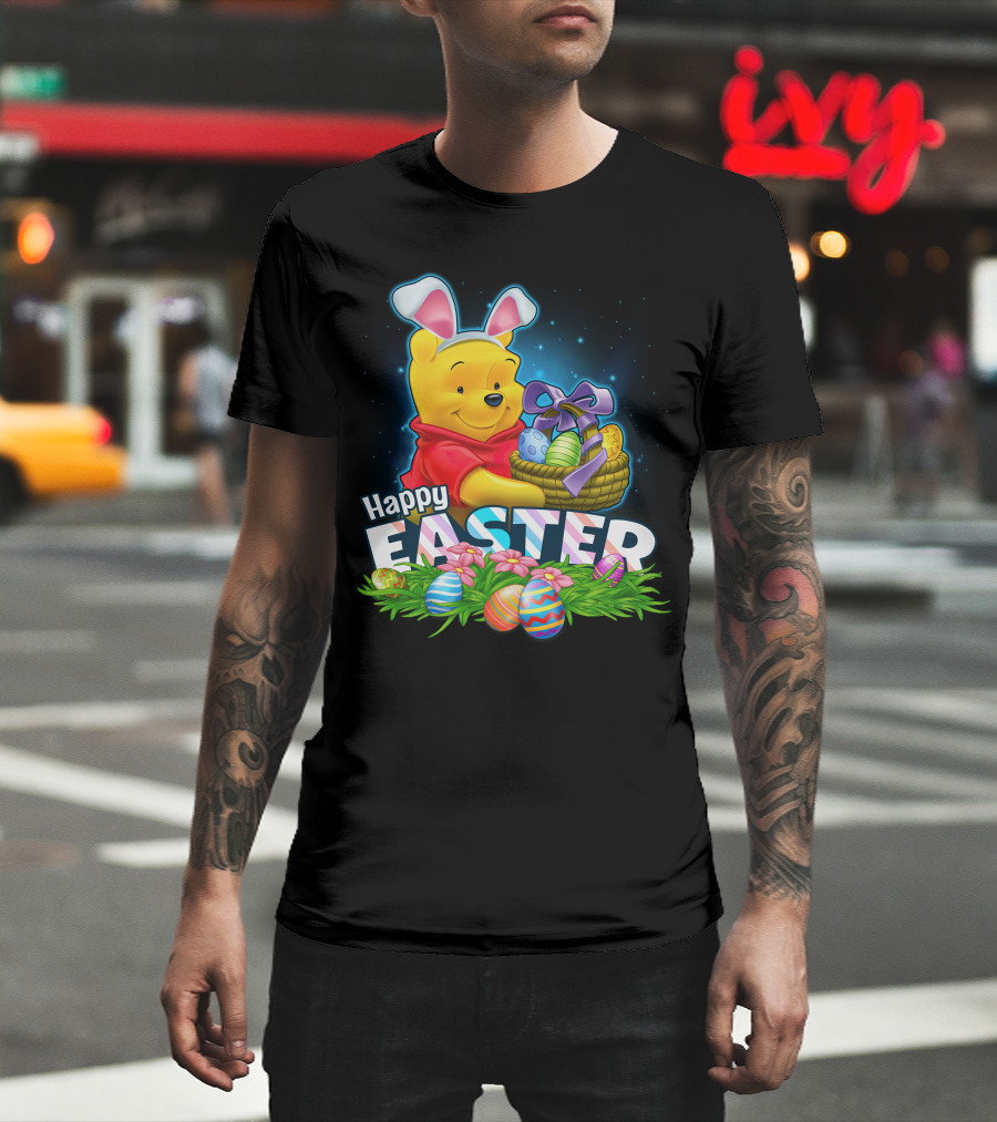 Pooh Happy Easter With Basket Of Eggs And Bunny Ears T-Shirt