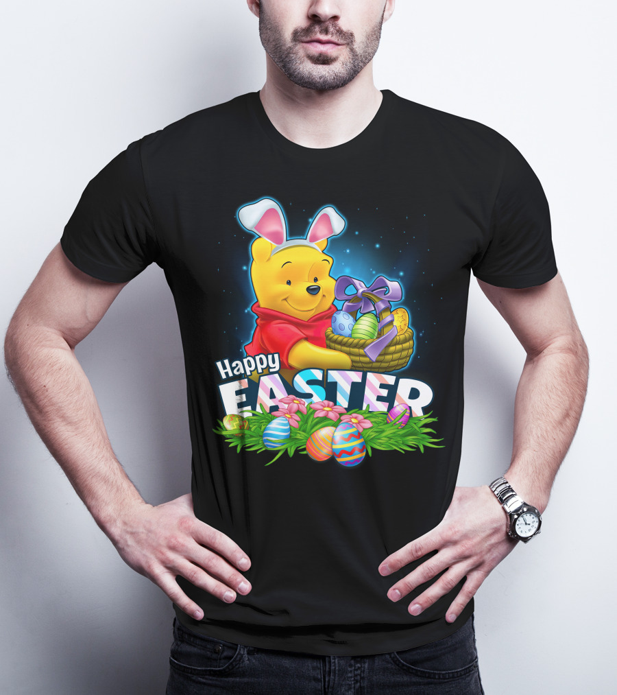 Pooh Happy Easter With Basket Of Eggs And Bunny Ears T-Shirt