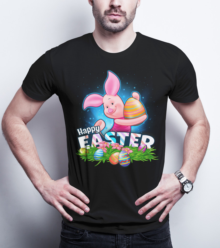 Piglet Happy Easter With Colorful Eggs And Flowers T-Shirt