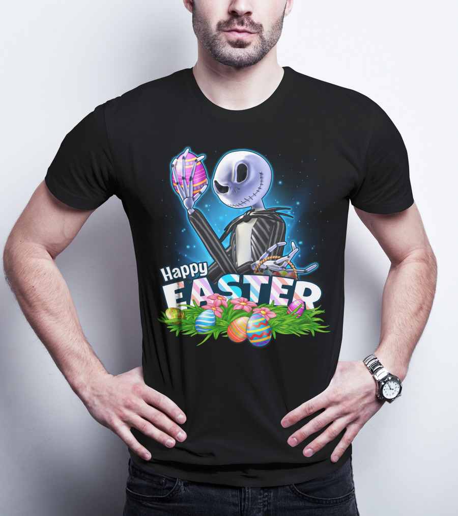 Jack Skellington Easter Celebration With Colorful Eggs And Flowers T-Shirt