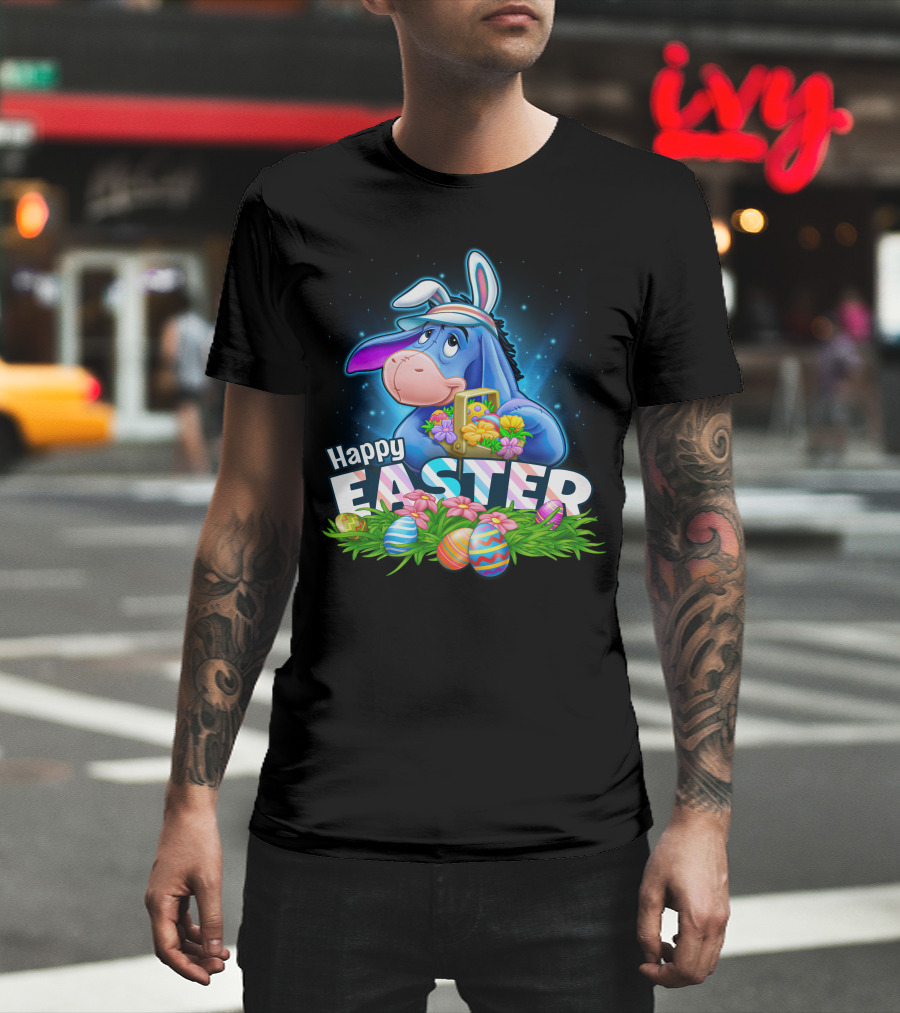 Happy Easter Eeyore With Basket And Colorful Eggs T-Shirt