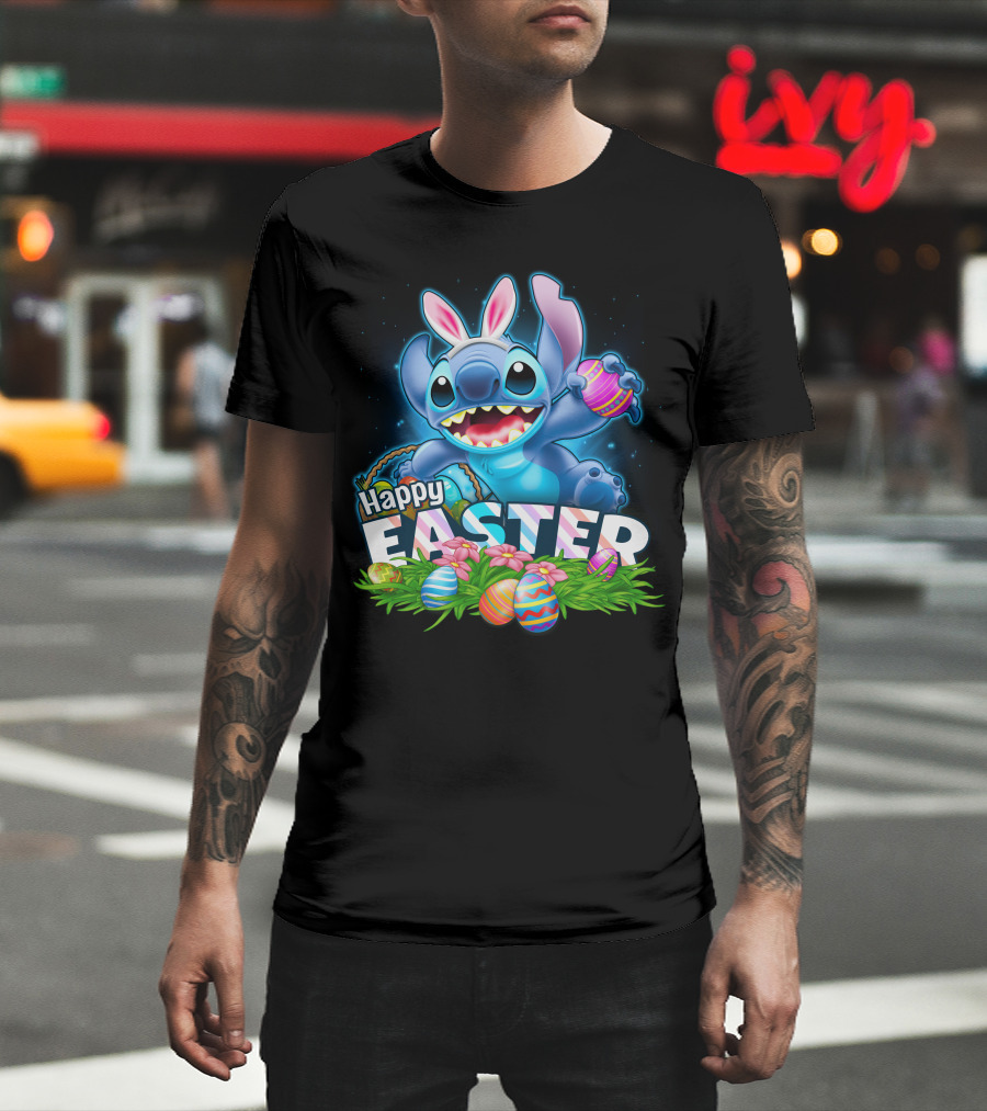 Happy Easter Stitch With Eggs And Bunny Ears T-Shirt