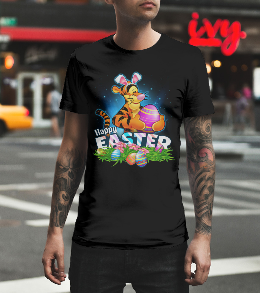 Happy Easter Tigger With Colorful Easter Eggs And Bunny Ears T-Shirt