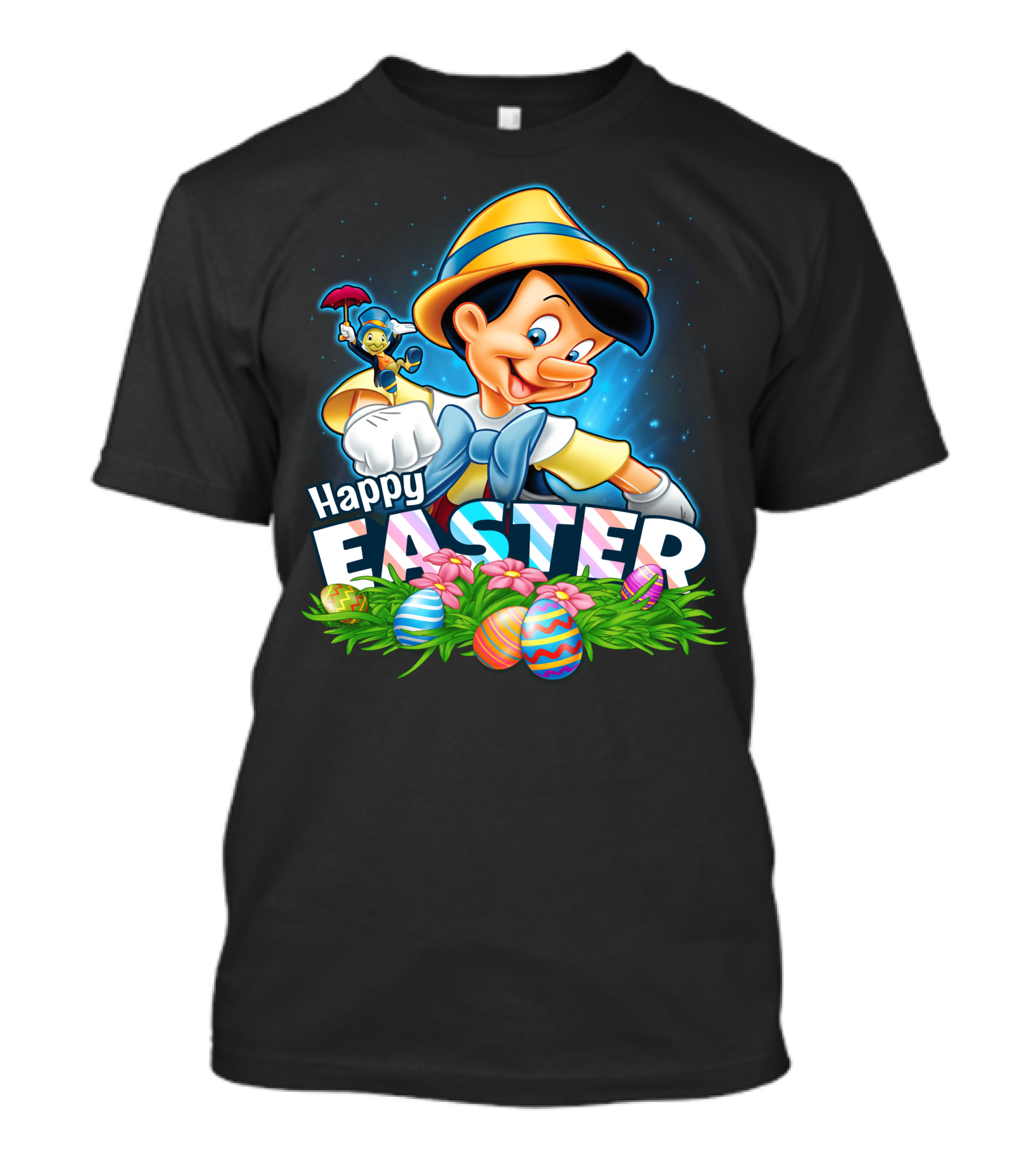 Pinocchio Happy Easter Colorful Eggs And Jiminy Cricket T-Shirt