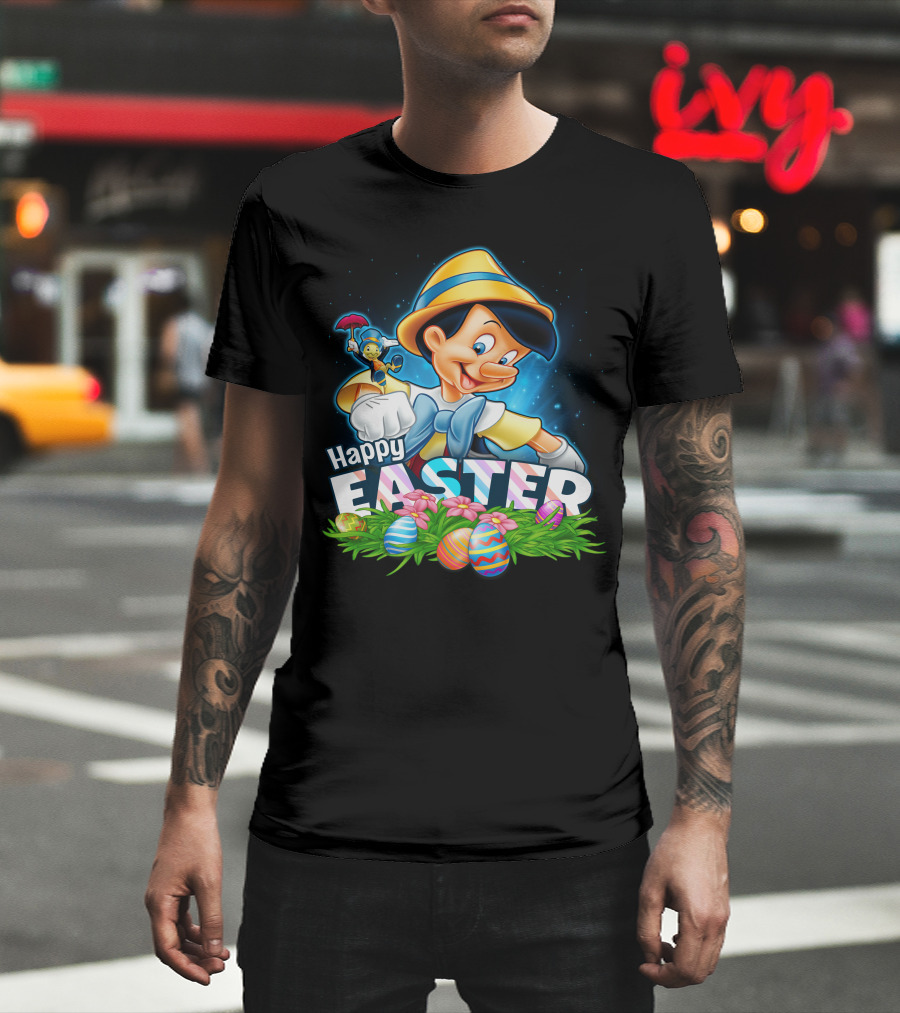 Pinocchio Happy Easter Colorful Eggs And Jiminy Cricket T-Shirt