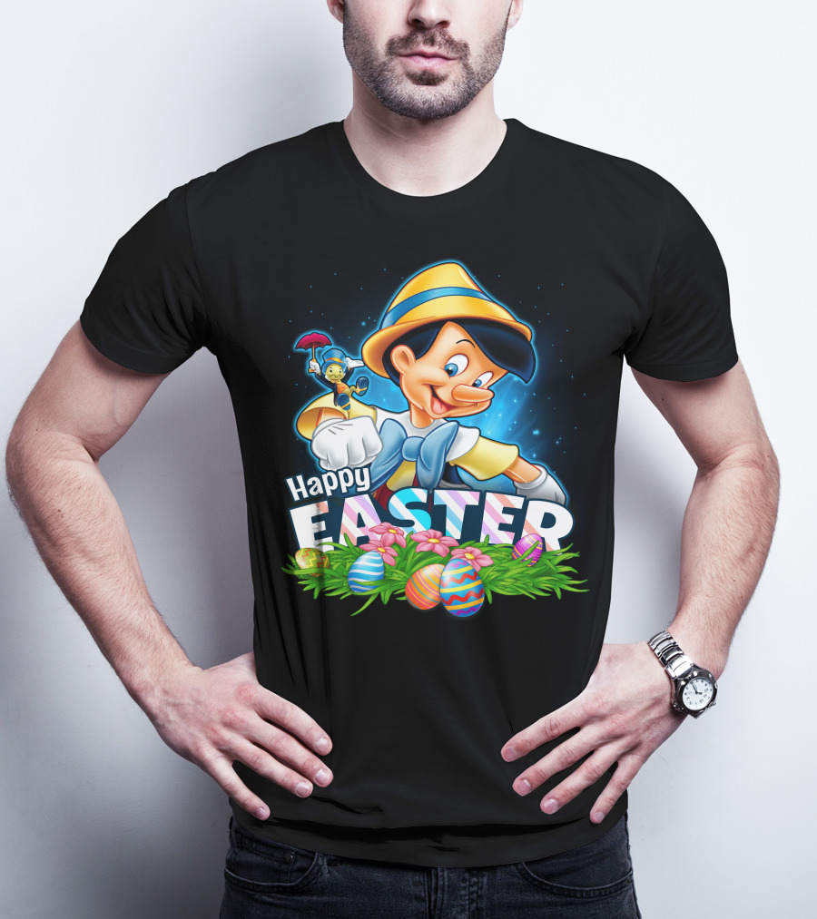 Pinocchio Happy Easter Colorful Eggs And Jiminy Cricket T-Shirt