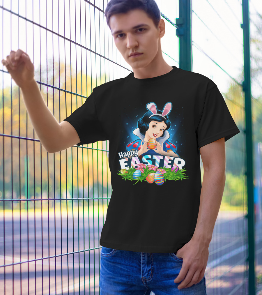 Snow White Happy Easter Bunny Ears Colorful Eggs Spring Celebration T-Shirt