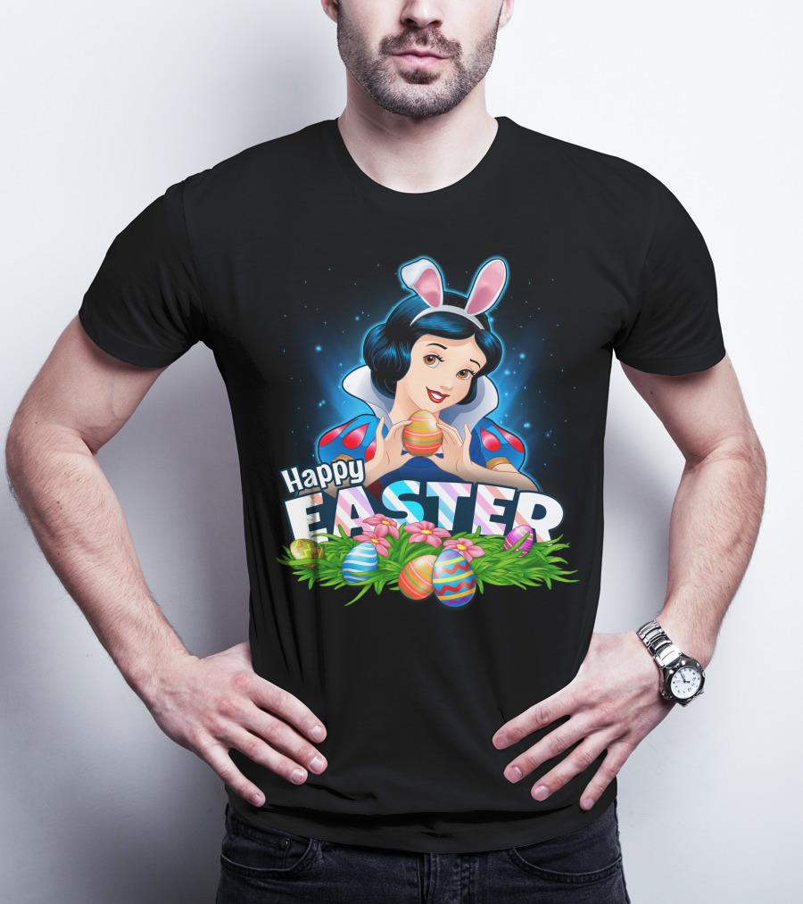 Snow White Happy Easter Bunny Ears Colorful Eggs Spring Celebration T-Shirt