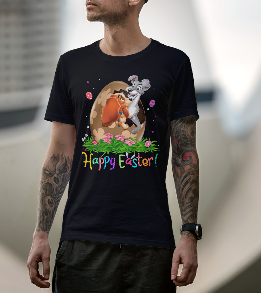 Lady And The Tramp Happy Easter Egg Scene With Colorful Flowers And Eggs T-Shirt