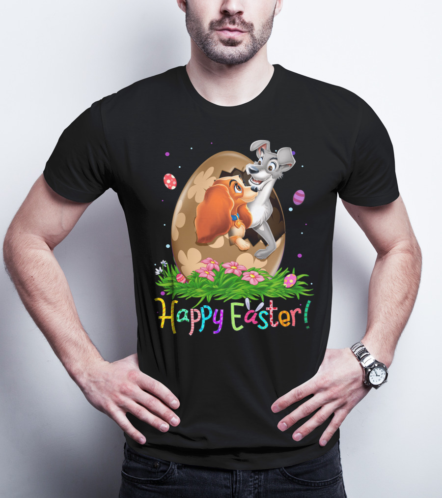Lady And The Tramp Happy Easter Egg Scene With Colorful Flowers And Eggs T-Shirt