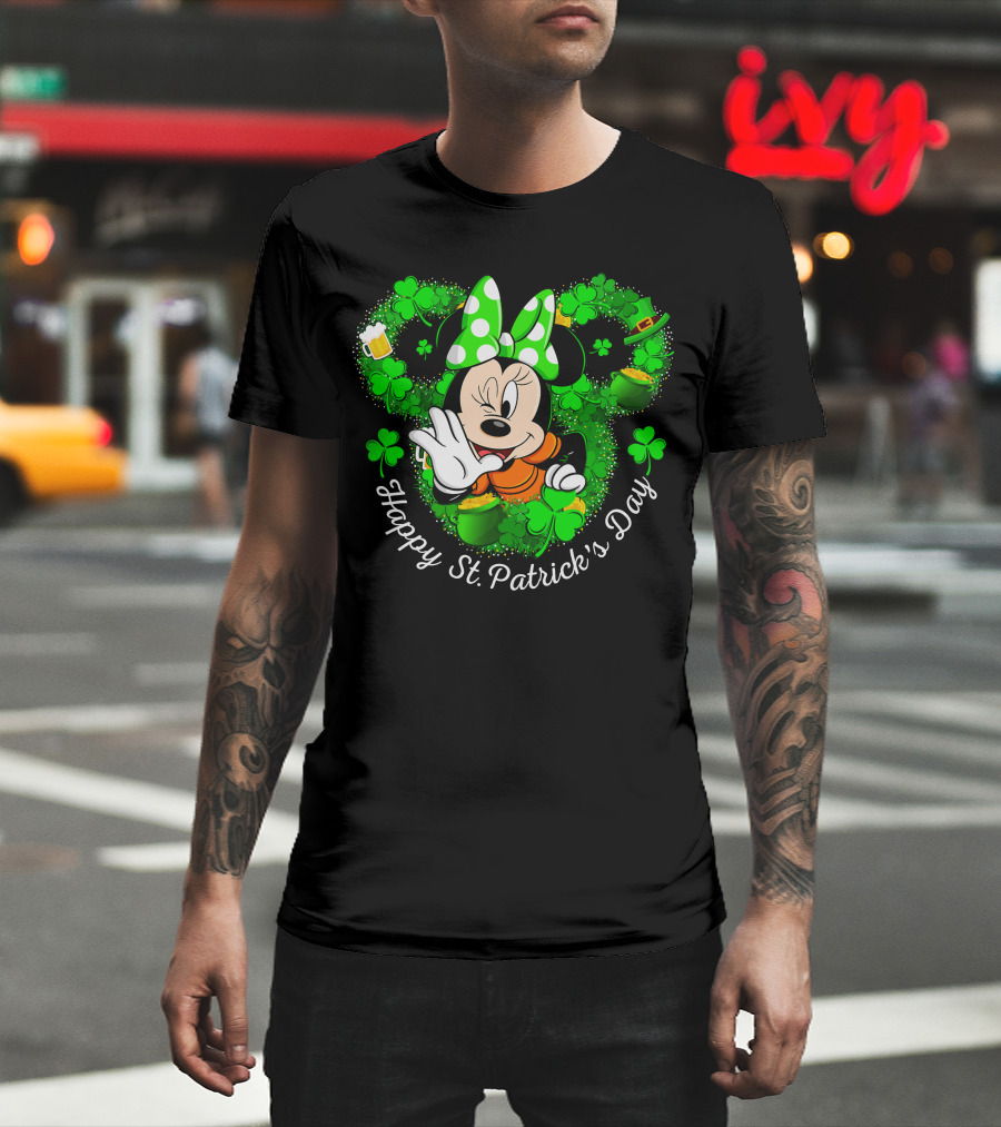 Minnie Mouse Happy St. Patrick's Day Shamrocks And Leprechaun Hat T-Shirt