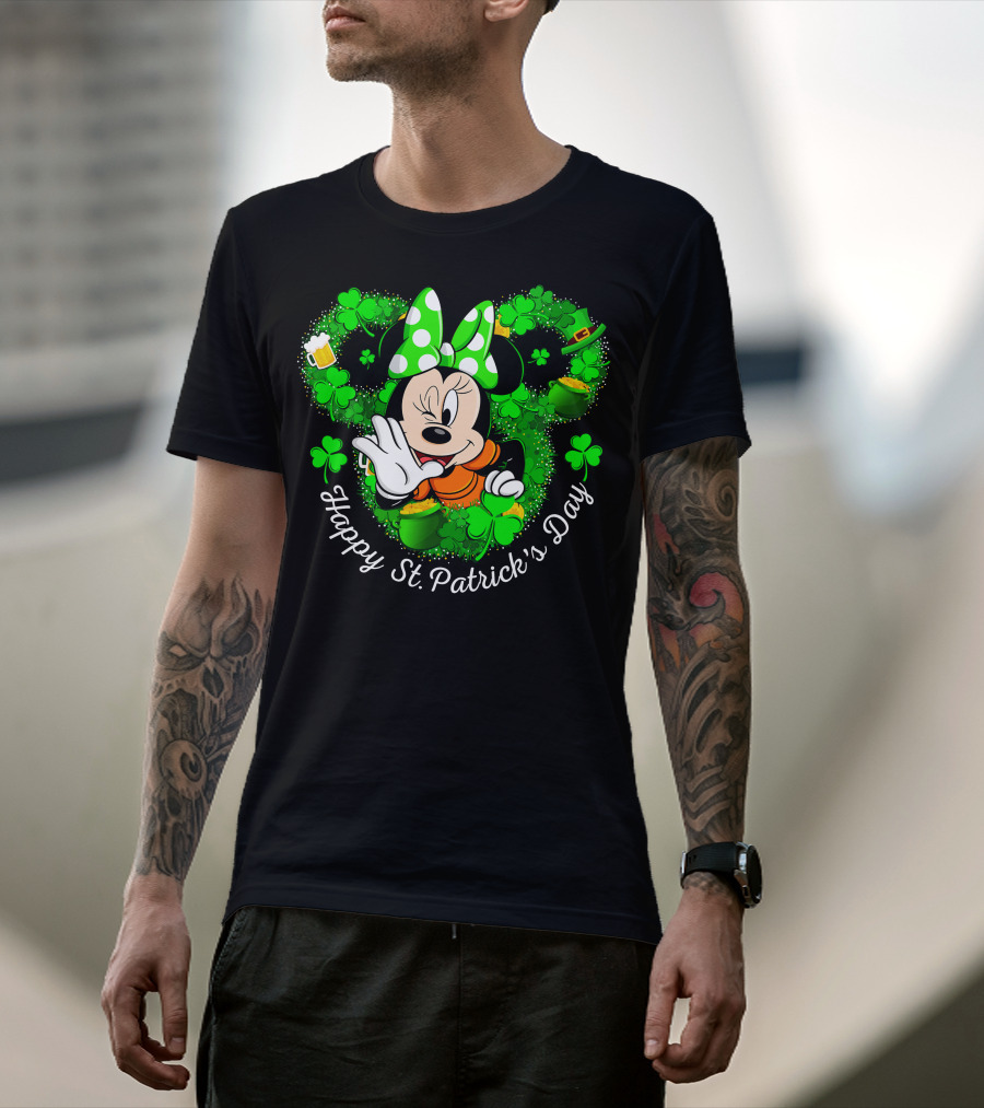 Minnie Mouse Happy St. Patrick's Day Shamrocks And Leprechaun Hat T-Shirt