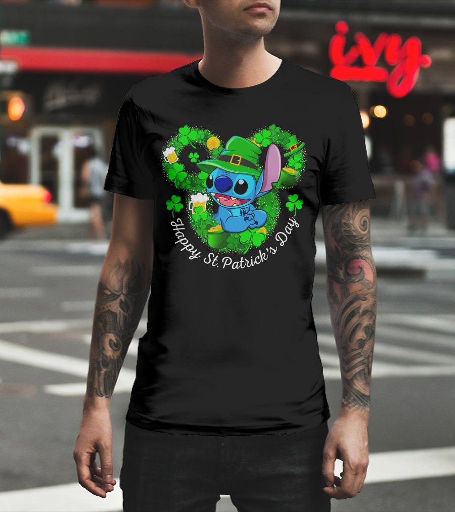 Happy St. Patrick's Day Stitch Clover And Leprechaun Hat T-Shirt