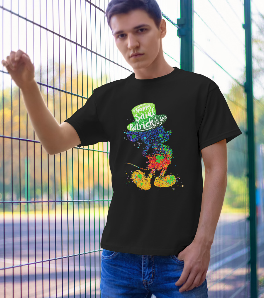 Happy Saint Patrick's Day Mickey Mouse Colorful Splatter Art T-Shirt