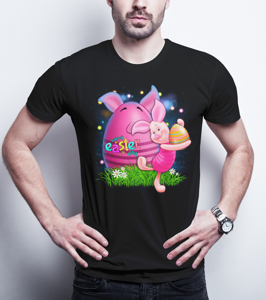 Happy Easter Day Piglet With Colorful Eggs T-Shirt