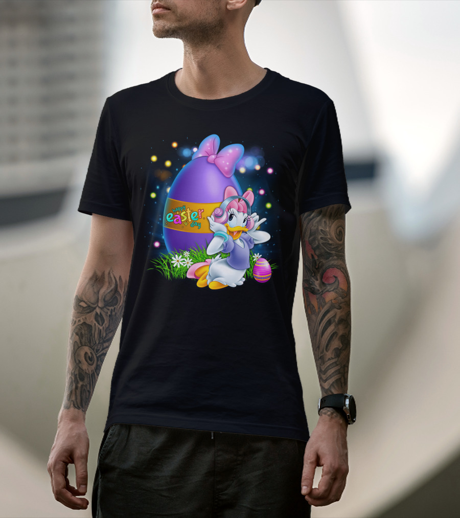 Daisy Duck Happy Easter Day Pink Bow Large Egg And Flowers T-Shirt