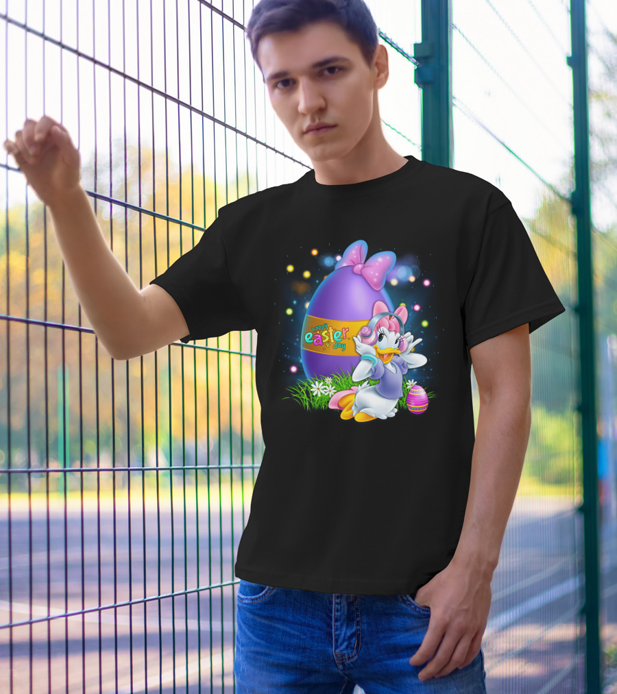 Daisy Duck Happy Easter Day Pink Bow Large Egg And Flowers T-Shirt