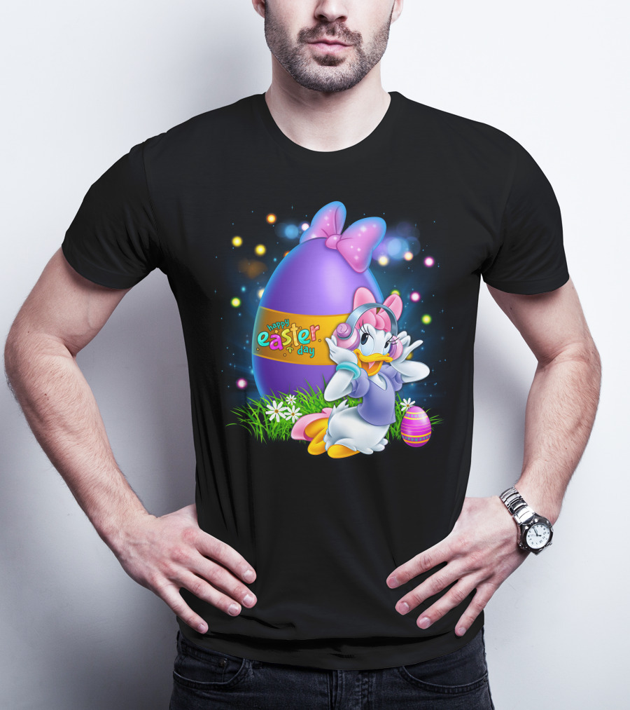 Daisy Duck Happy Easter Day Pink Bow Large Egg And Flowers T-Shirt