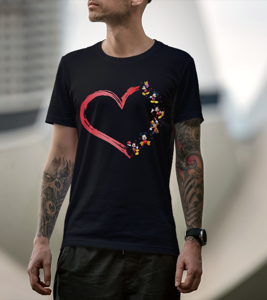 Mickey Mouse Characters In Heart Shape T-Shirt